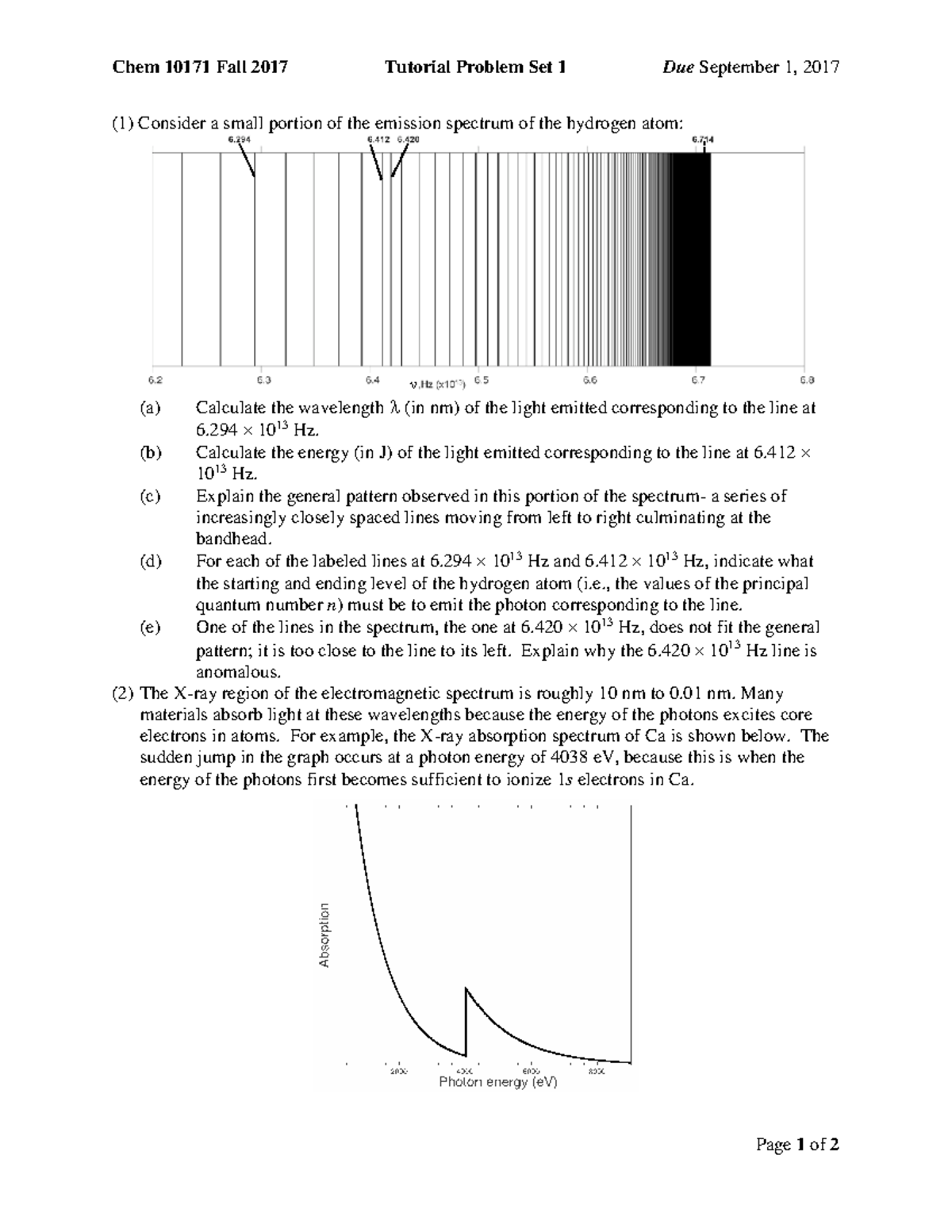 Tutorial #1 - Chem 10171 Fall 2017 Tutorial Problem Set 1 Due September ...