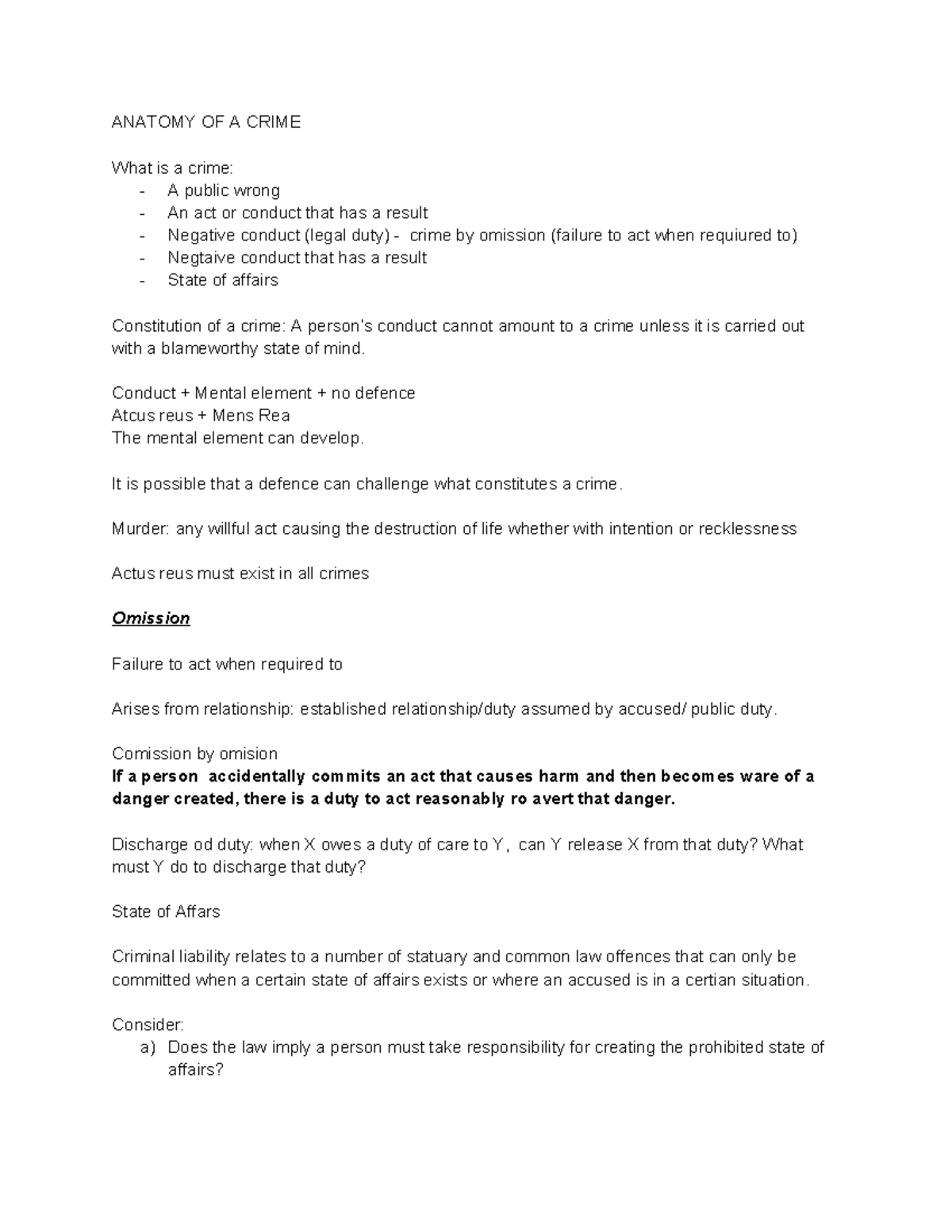 Criminal law module 2 - ANATOMY OF A CRIME What is a crime: - A public ...