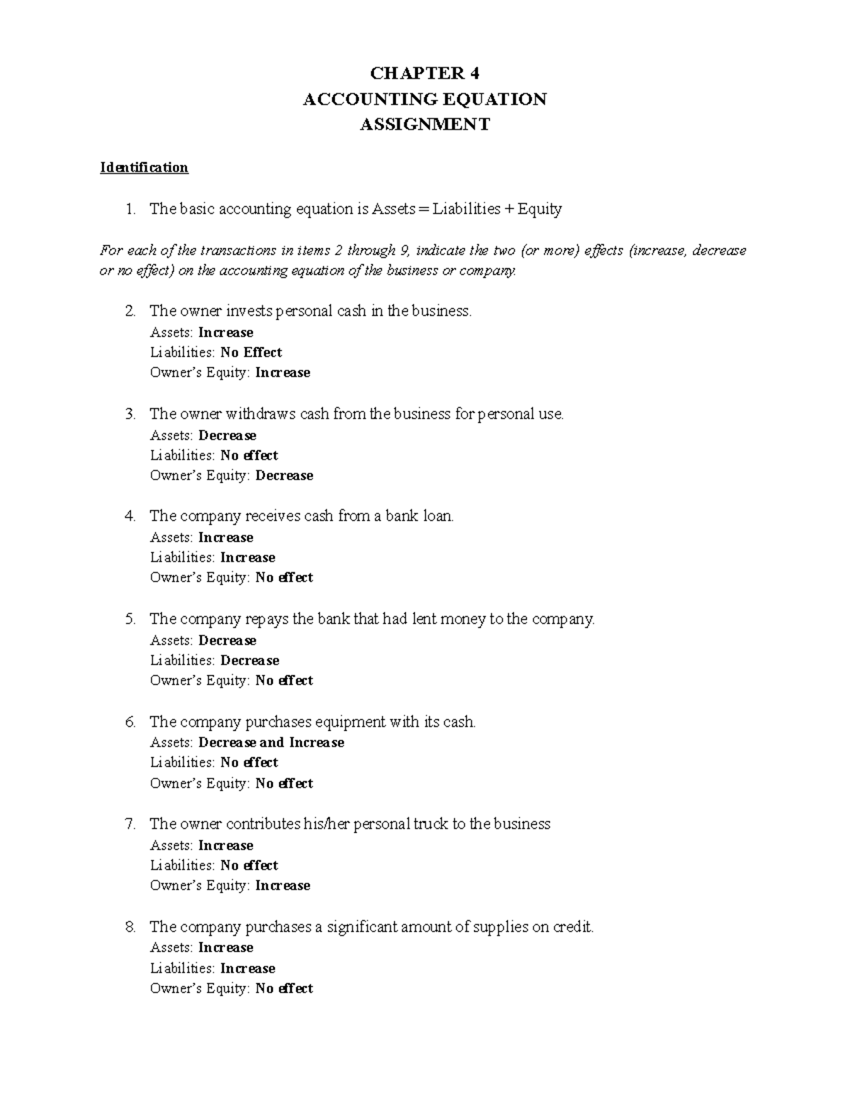 FOA ASS2 Acctg. Equation - CHAPTER 4 ACCOUNTING EQUATION ASSIGNMENT ...