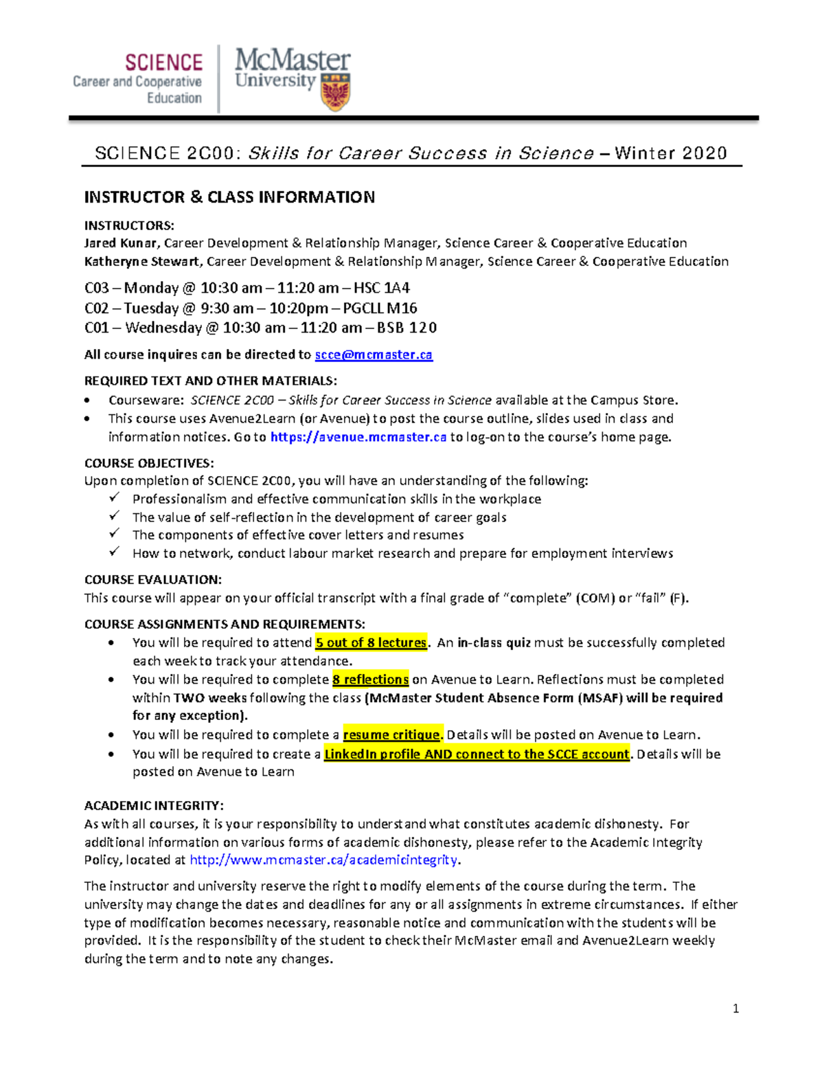 2C00 Course Syllabus - Winter 2020 - Science 2C00 - McMaster - Studocu