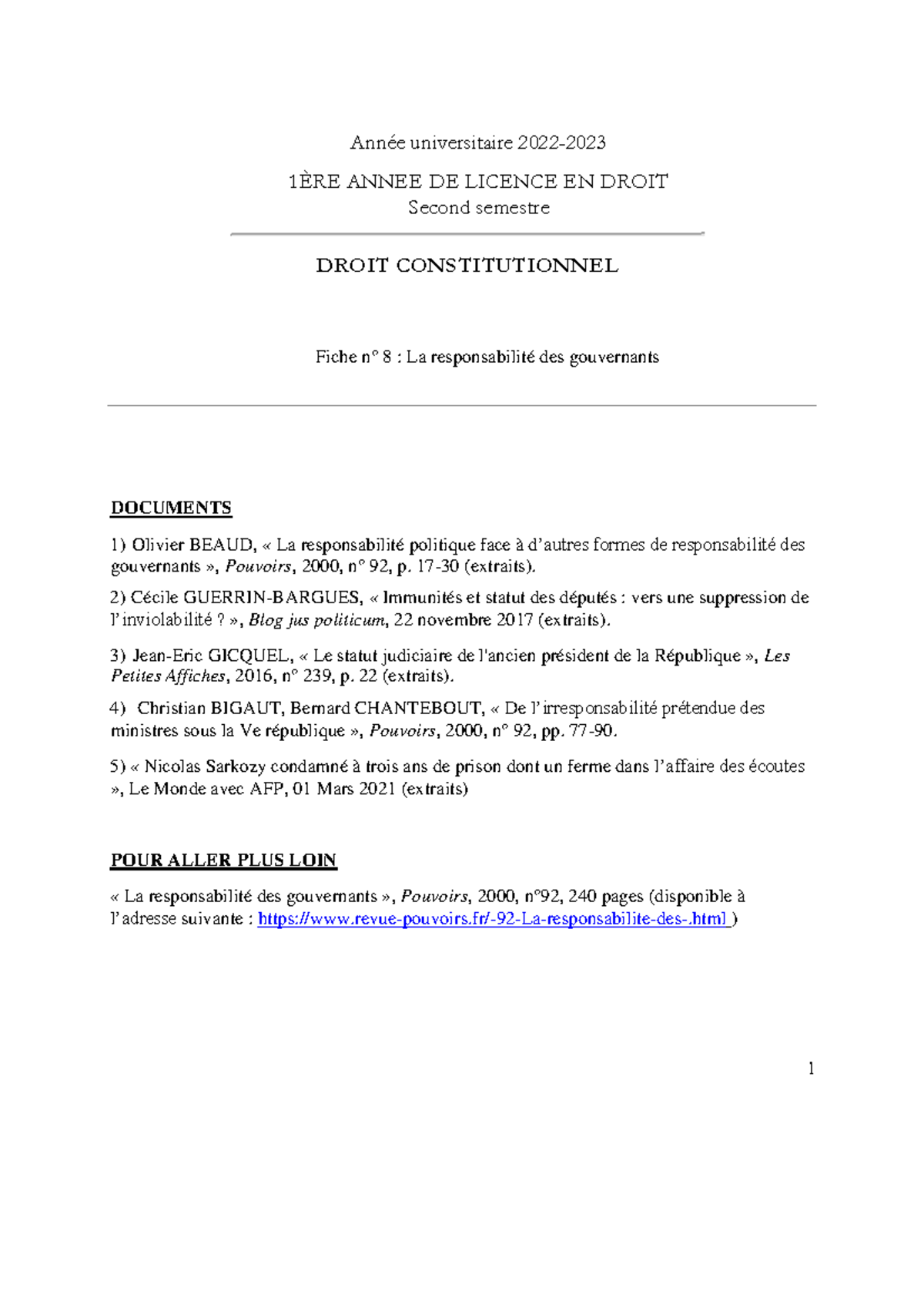 Fiche n Â° 8 La responsabilite Ã¬ des gouvernants - Année universitaire ...