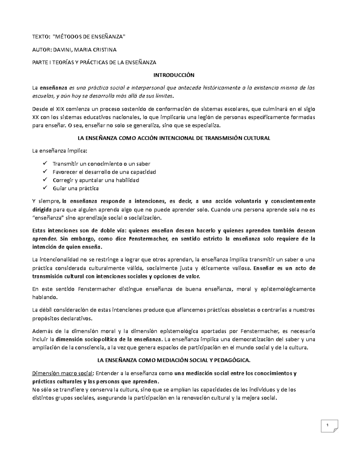 Resumen Davini - TEXTO: "MÉTODOS DE ENSEÑANZA" AUTOR: DAVINI, MARIA ...