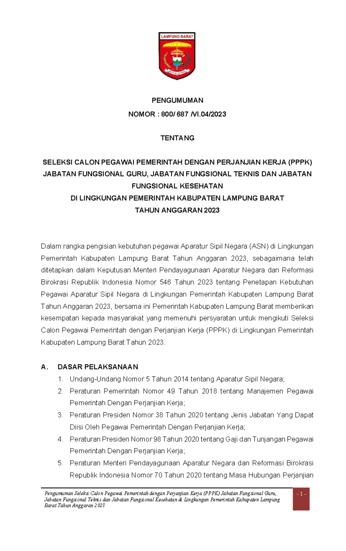 Pengumuman Calon PPPK 2023 Lambar - Pengumuman Seleksi Calon Pegawai Pemerintah dengan ...