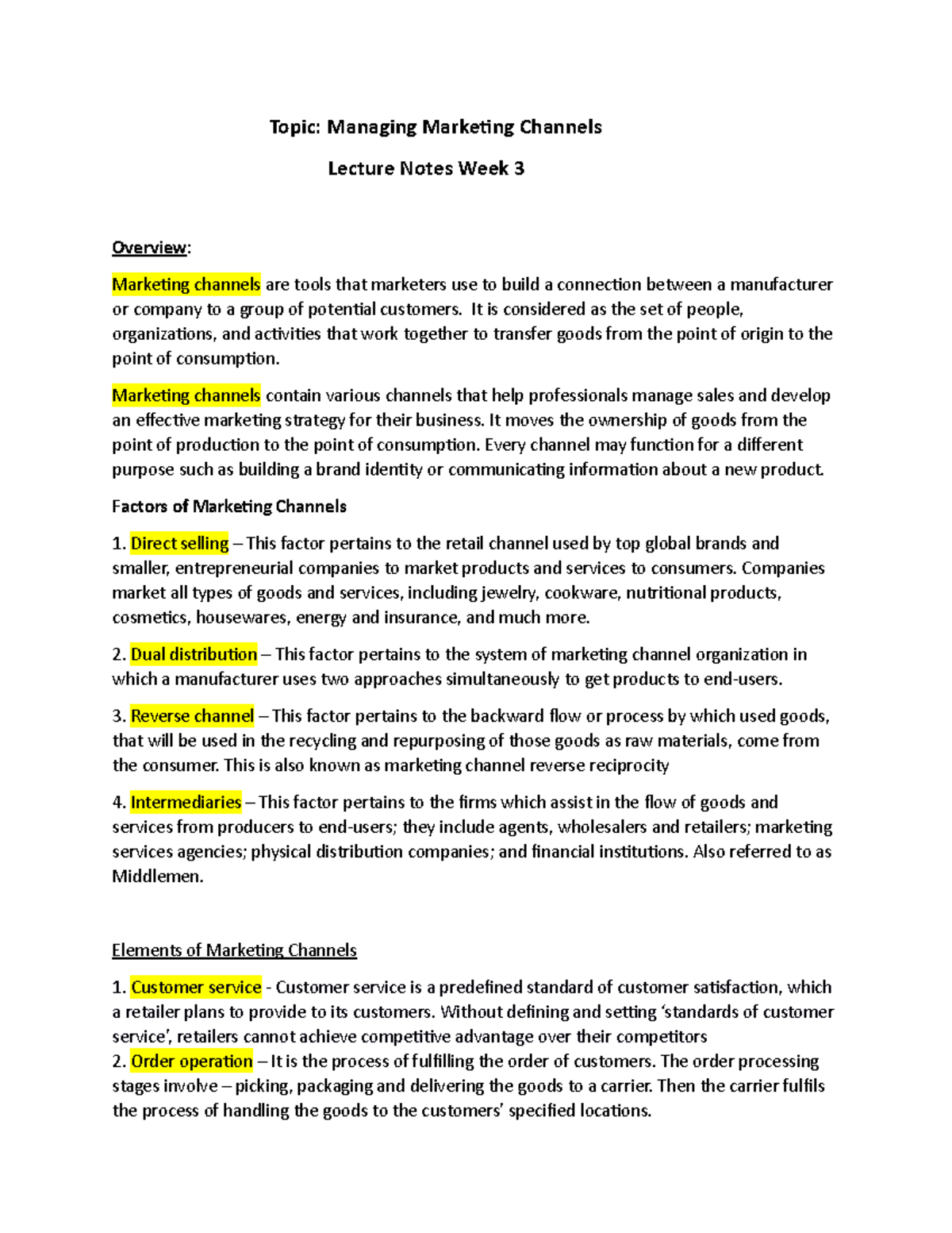 Marketing Channels - Topic: Managing Marketing Channels Lecture Notes ...