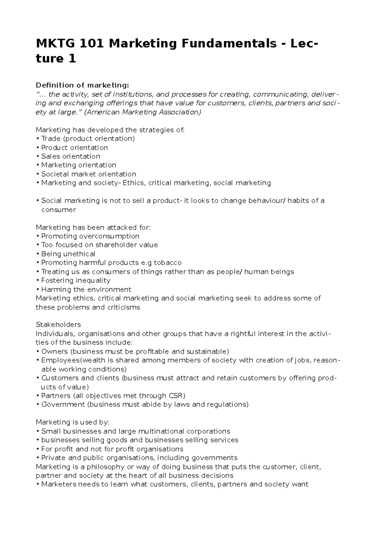 MKTG 101 - Lecture 1 - MKTG 101 Marketing Fundamentals - Lecture 1 ...