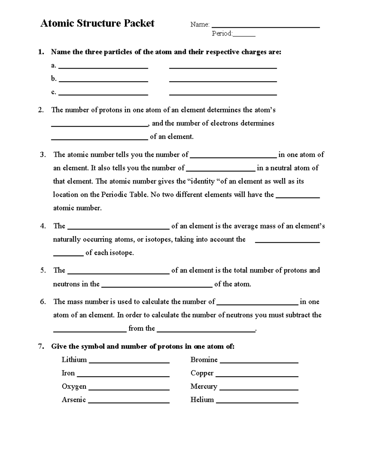Copy of Atomic Structure Packet - Atomic Structure Packet Name: Period ...