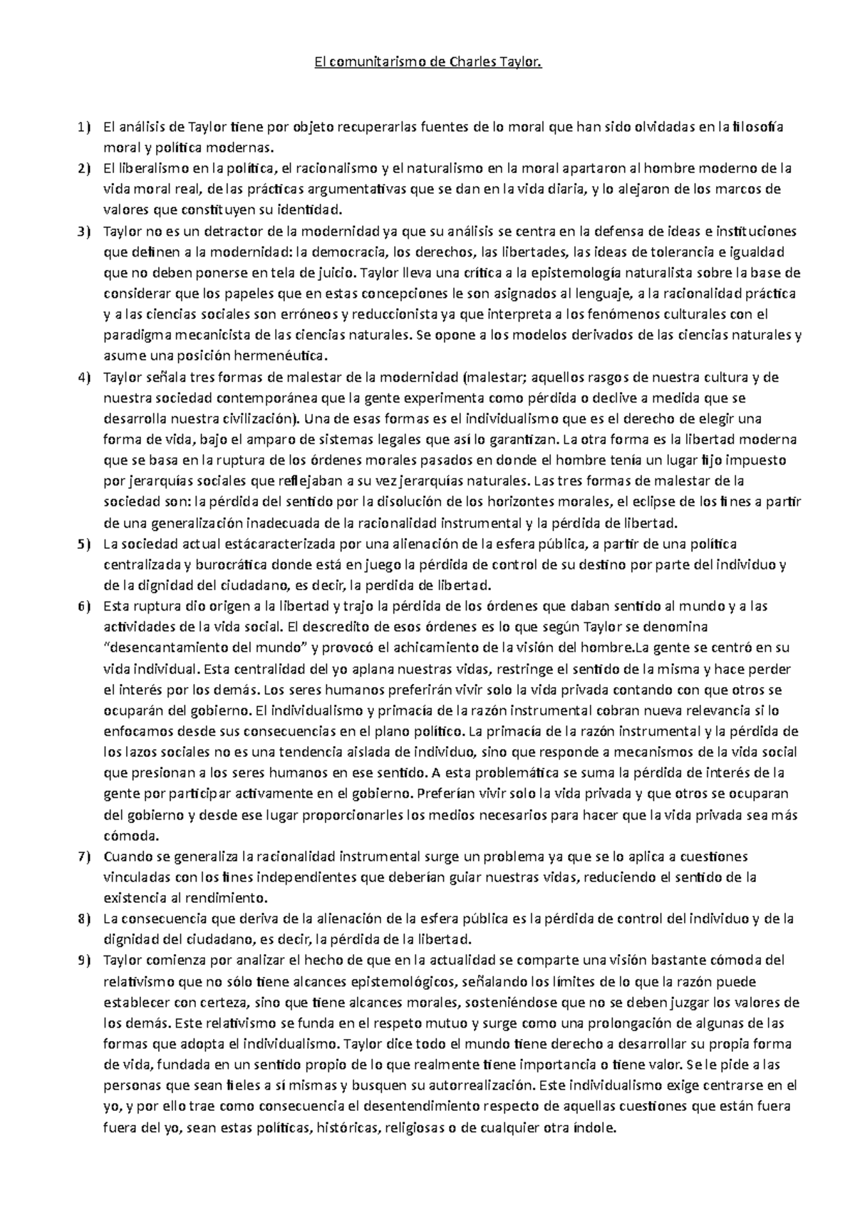 Trabajo Práctico N 11 el comunitarismo de Charles Taylor - El ...