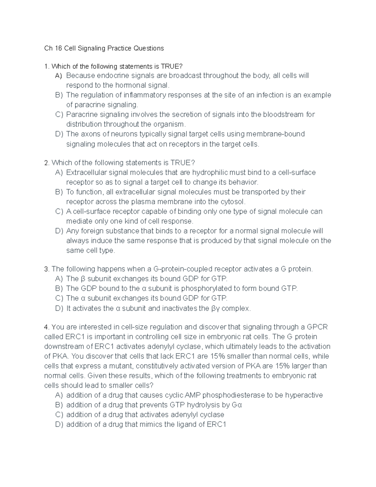 Ch 16 Cell Signaling Practice Questions - Ch 16 Cell Signaling Practice Questions Which of the ...