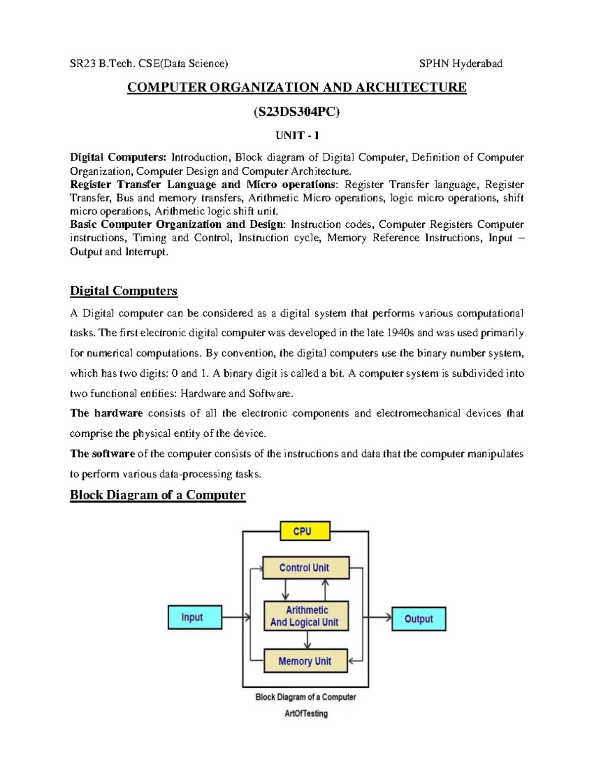 COA-UNIT-1 Full Notes - SR23 B. CSE(Data Science) SPHN Hyderabad ...