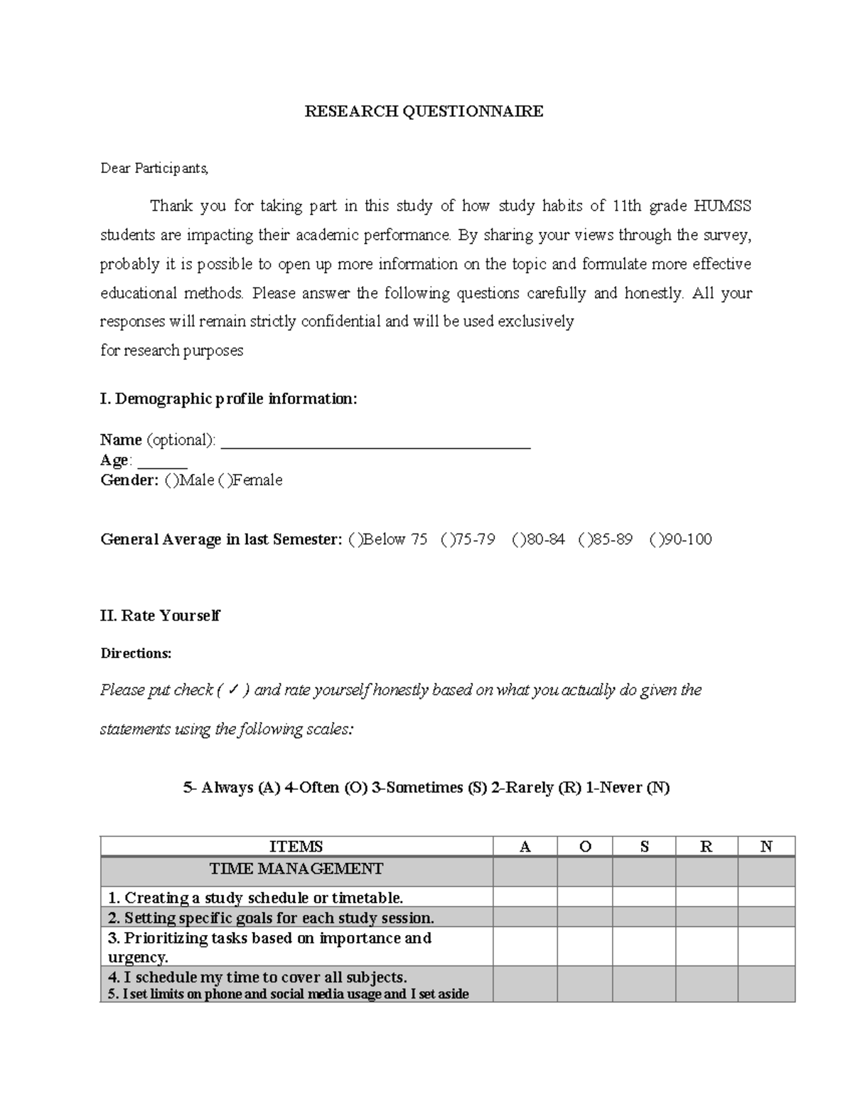 Research- Questionnaire - RESEARCH QUESTIONNAIRE Dear Participants ...
