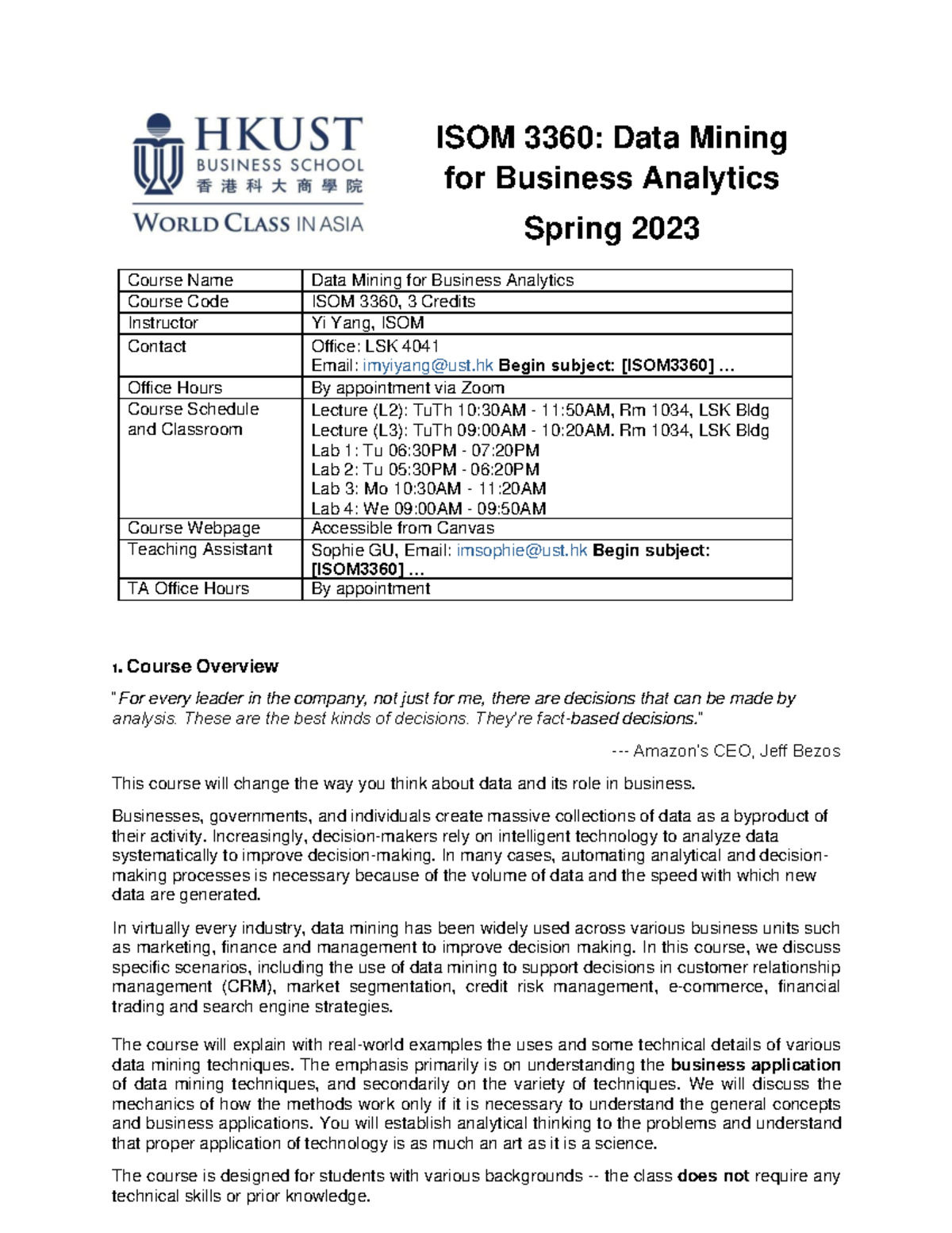 ISOM3360 Syllabus 2022-2023 - ISOM 3360: Data Mining for Business Analytics Spring 2023 Course ...