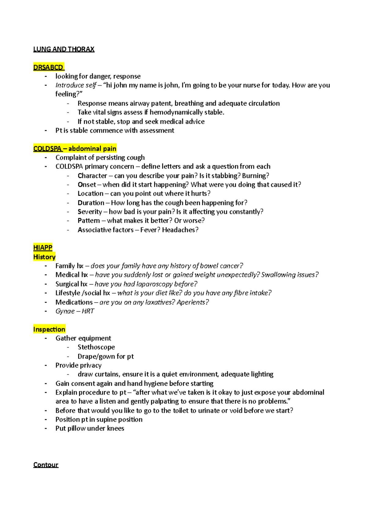 ABDO Assessment - LUNG AND THORAX DRSABCD looking for danger, response ...