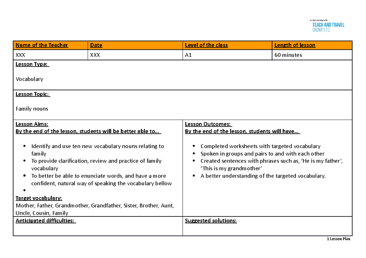 My Lesson Plan A1-C - Name of the Teacher Date Level of the class ...