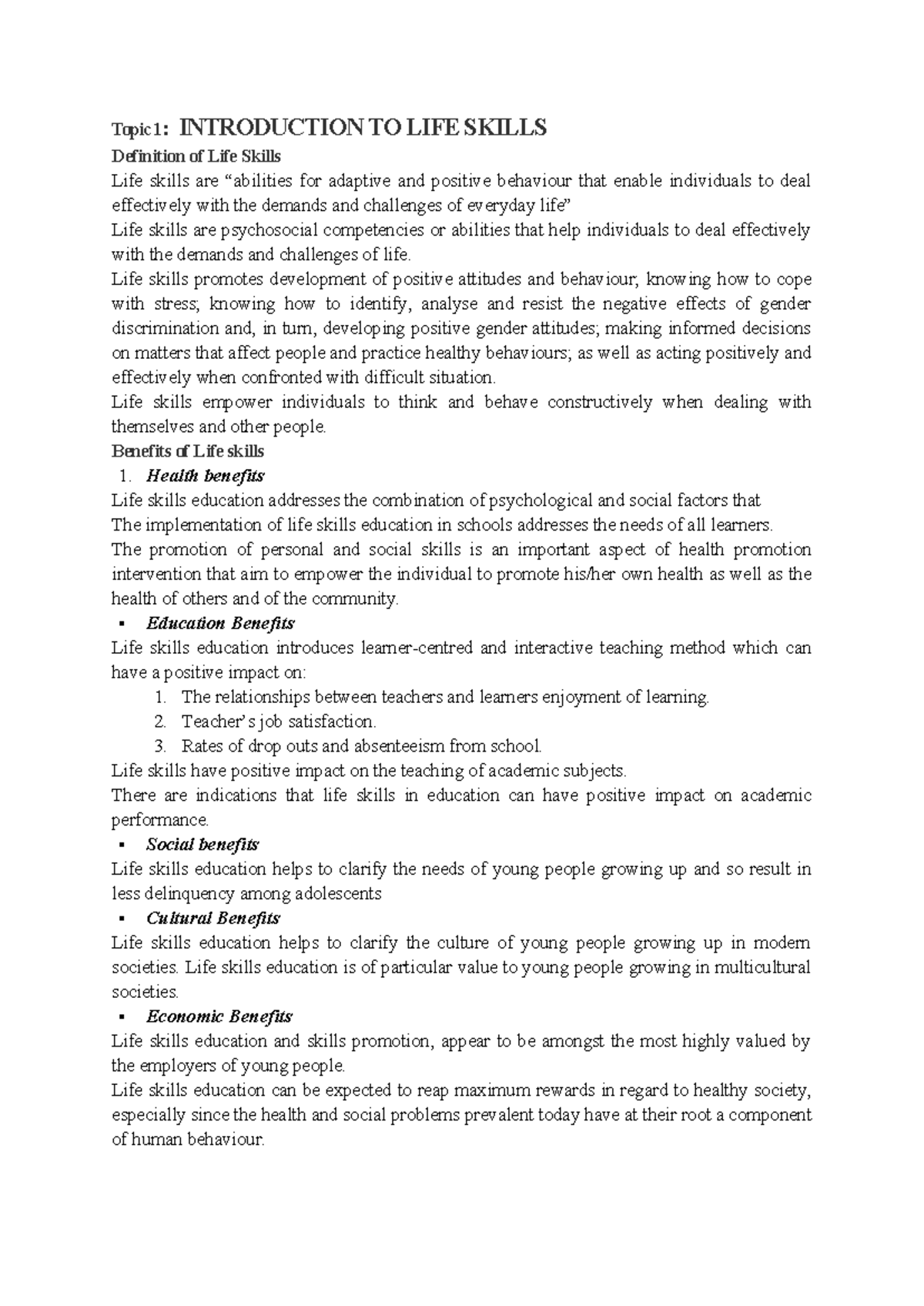 LIFE skills knowledge - Topic 1: INTRODUCTION TO LIFE SKILLS Definition of Life Skills Life ...