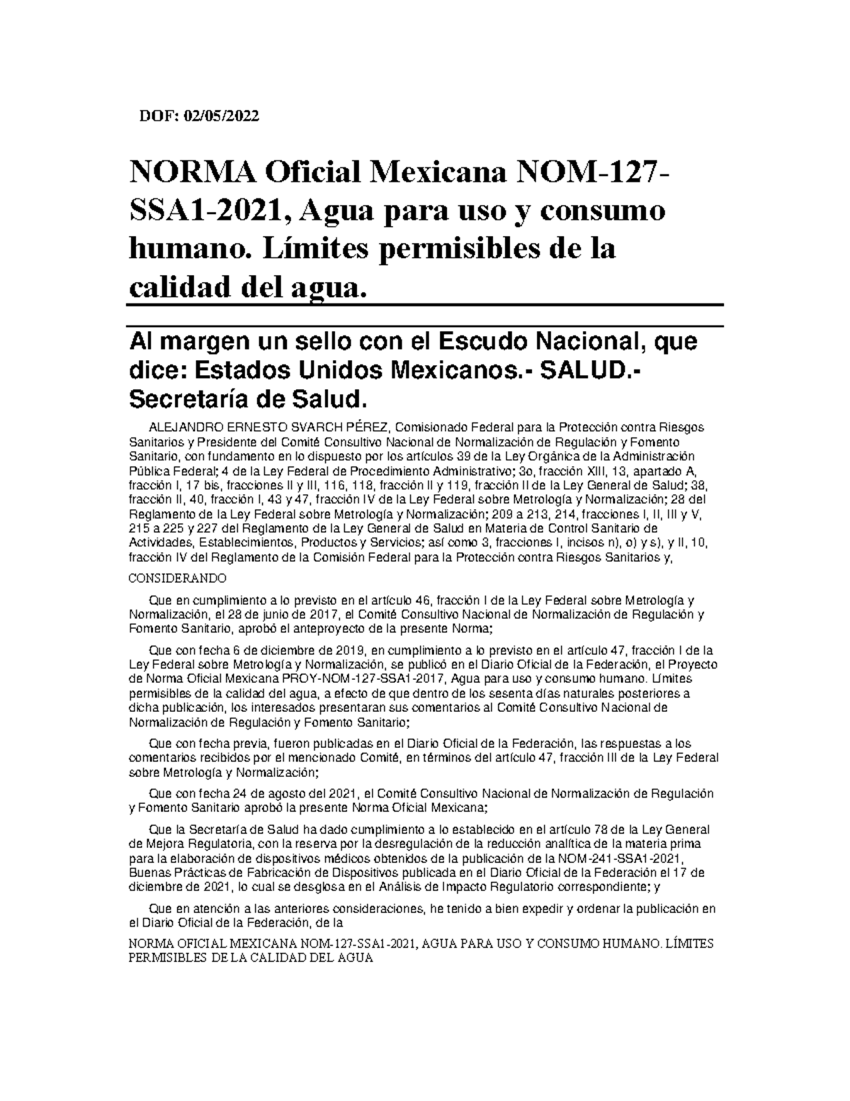 NOM 127 SSA1 2021 - ensayo - DOF: 02/05/ NORMA Oficial Mexicana NOM- 127 - SSA1-2021, Agua para ...