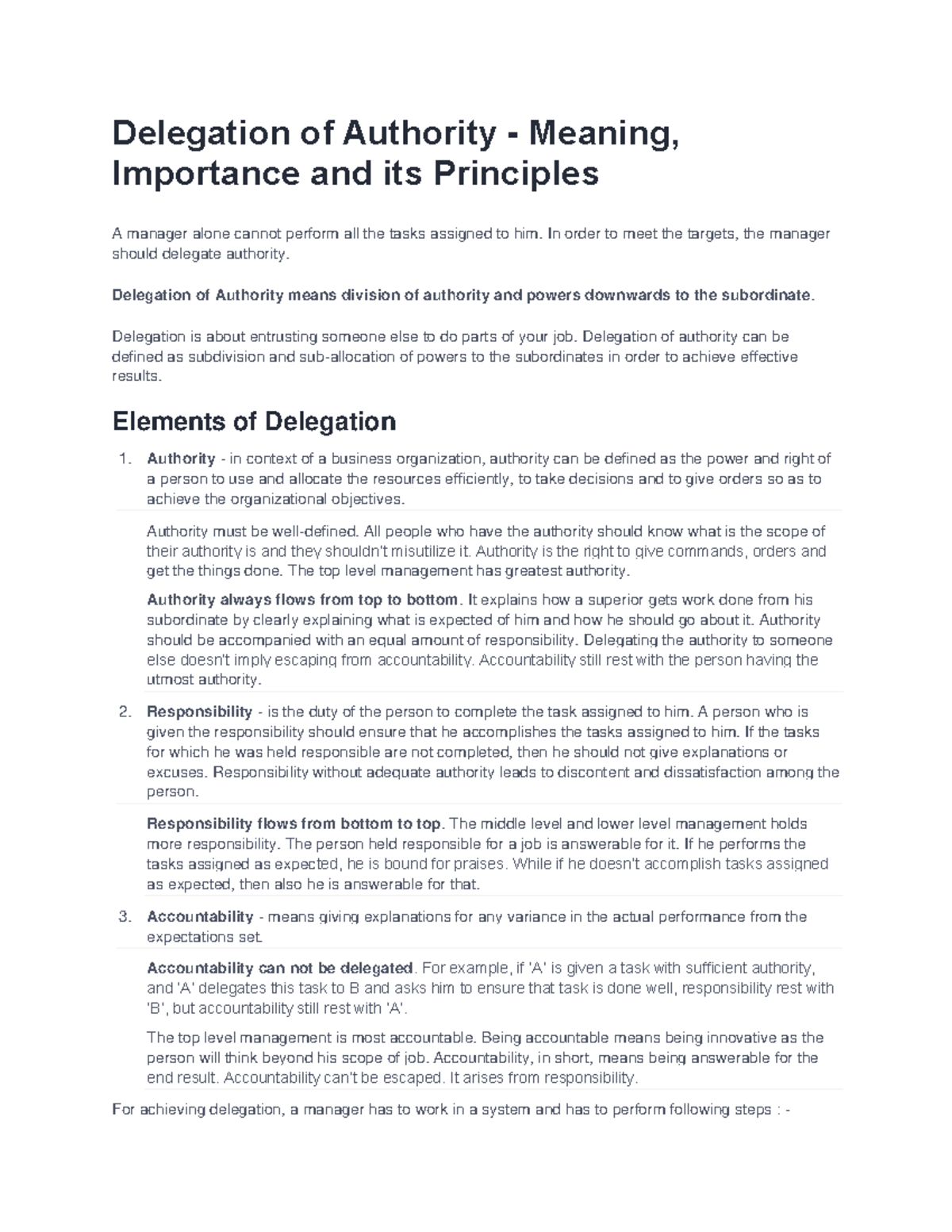 Delegation of Authority - In order to meet the targets, the manager should delegate authority ...