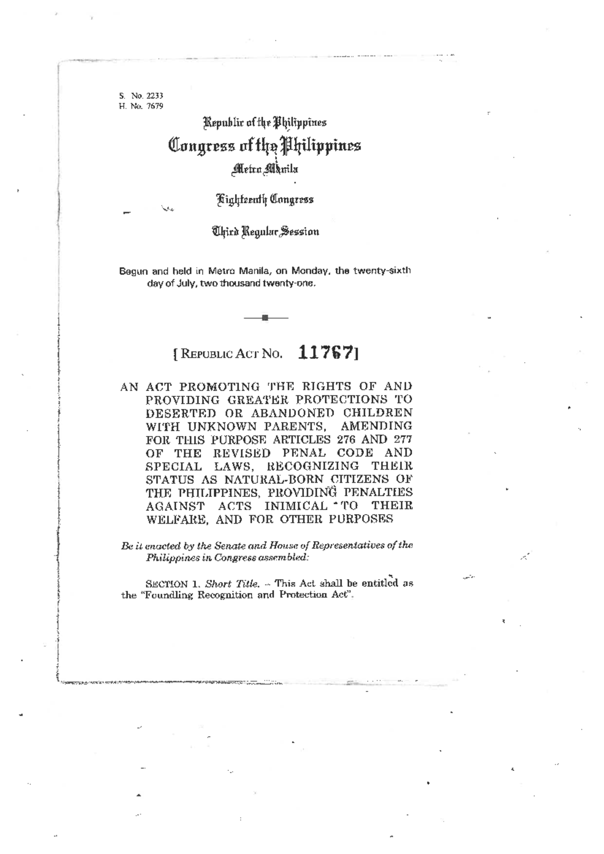 2022 RA 11767 RRD - S. No. 2233 H. No. 7679 Republic of the Philippines ...
