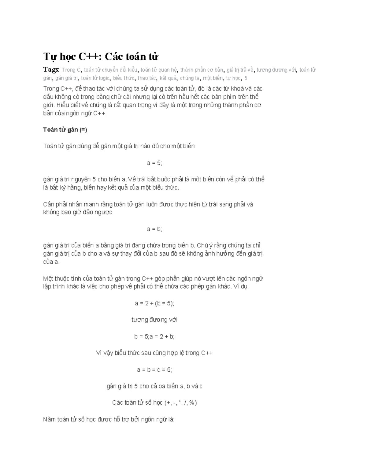 Ki hie u trong C - Tự học C++: Các toán tử Tags: Trong C, toán tử chuyển đổi kiểu, toán tử quan ...