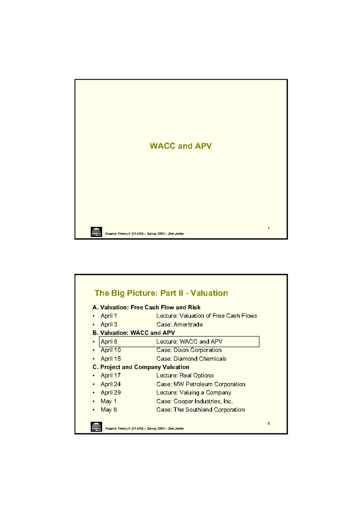 APV vs WACC - WACC and APV 1 Finance Theory II (15) Spring 2003 Dirk ...