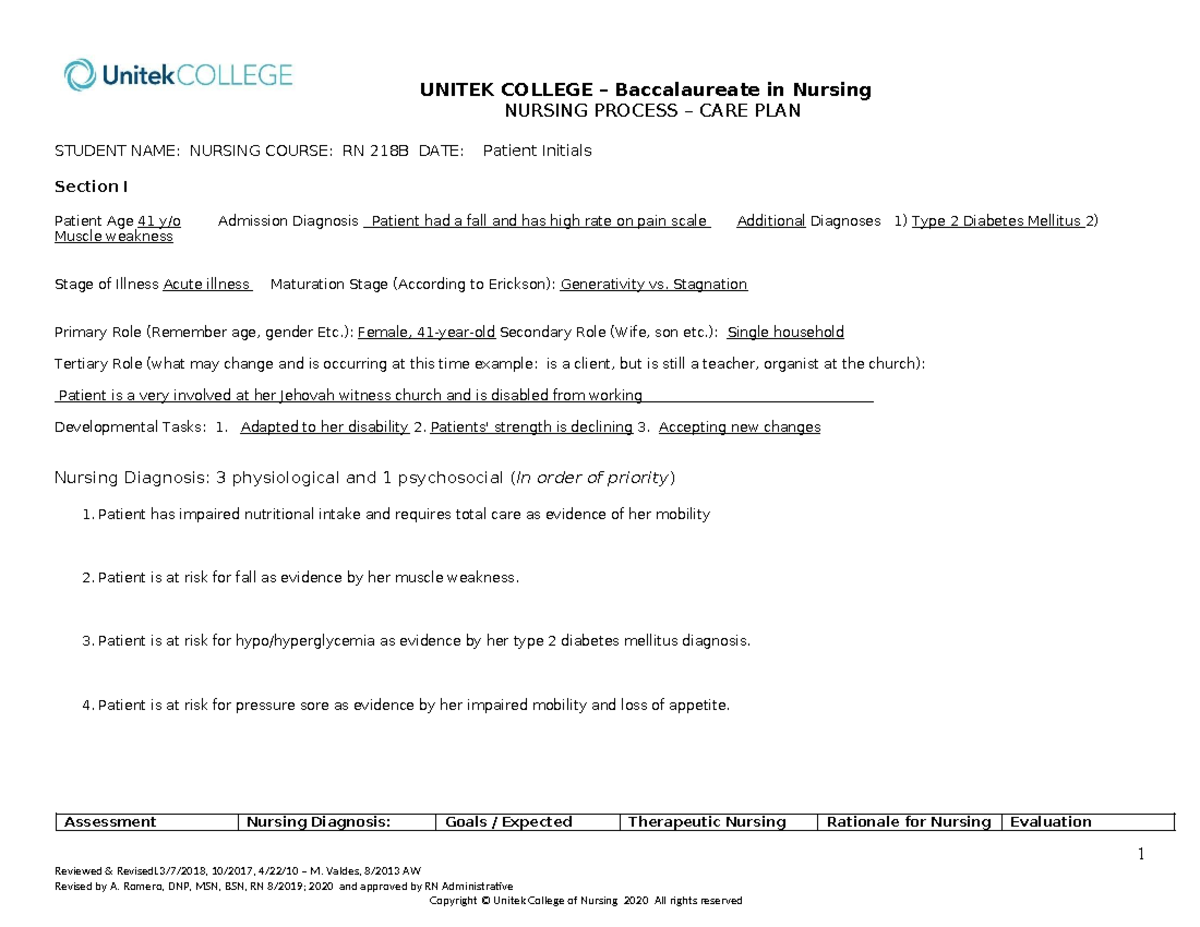 AH 2 Nursing Care Plan 2 - Care plan - NURSING PROCESS – CARE PLAN ...