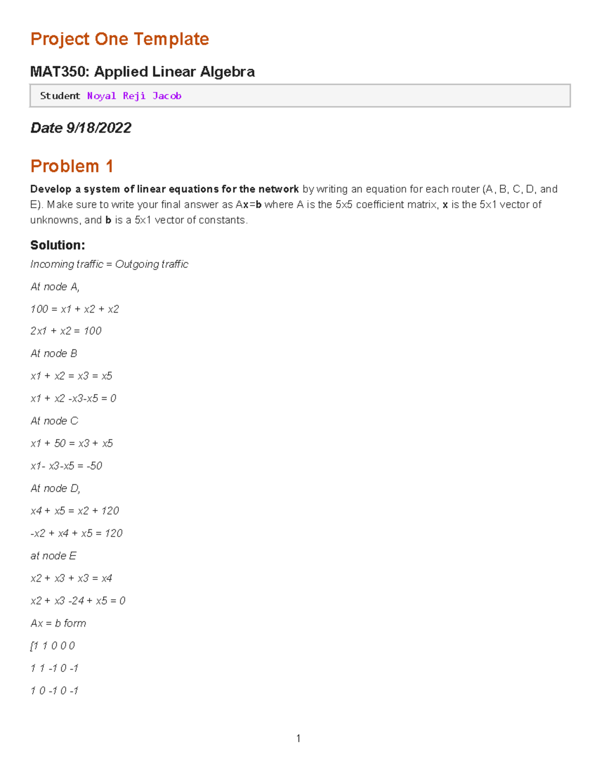 Project One answers - Project One Template MAT350: Applied Linear ...