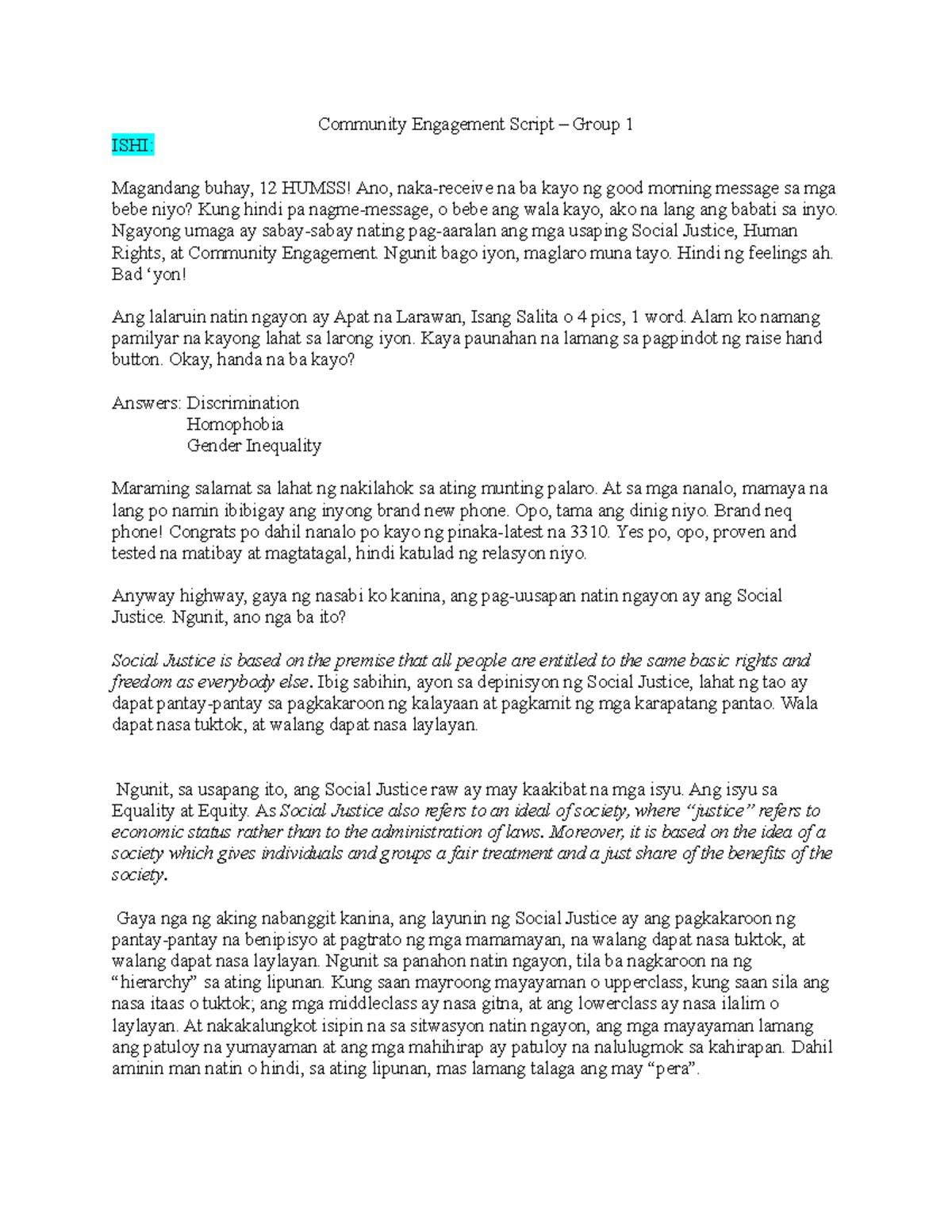 Social Justice Definition and Examples - Script - Community Engagement ...