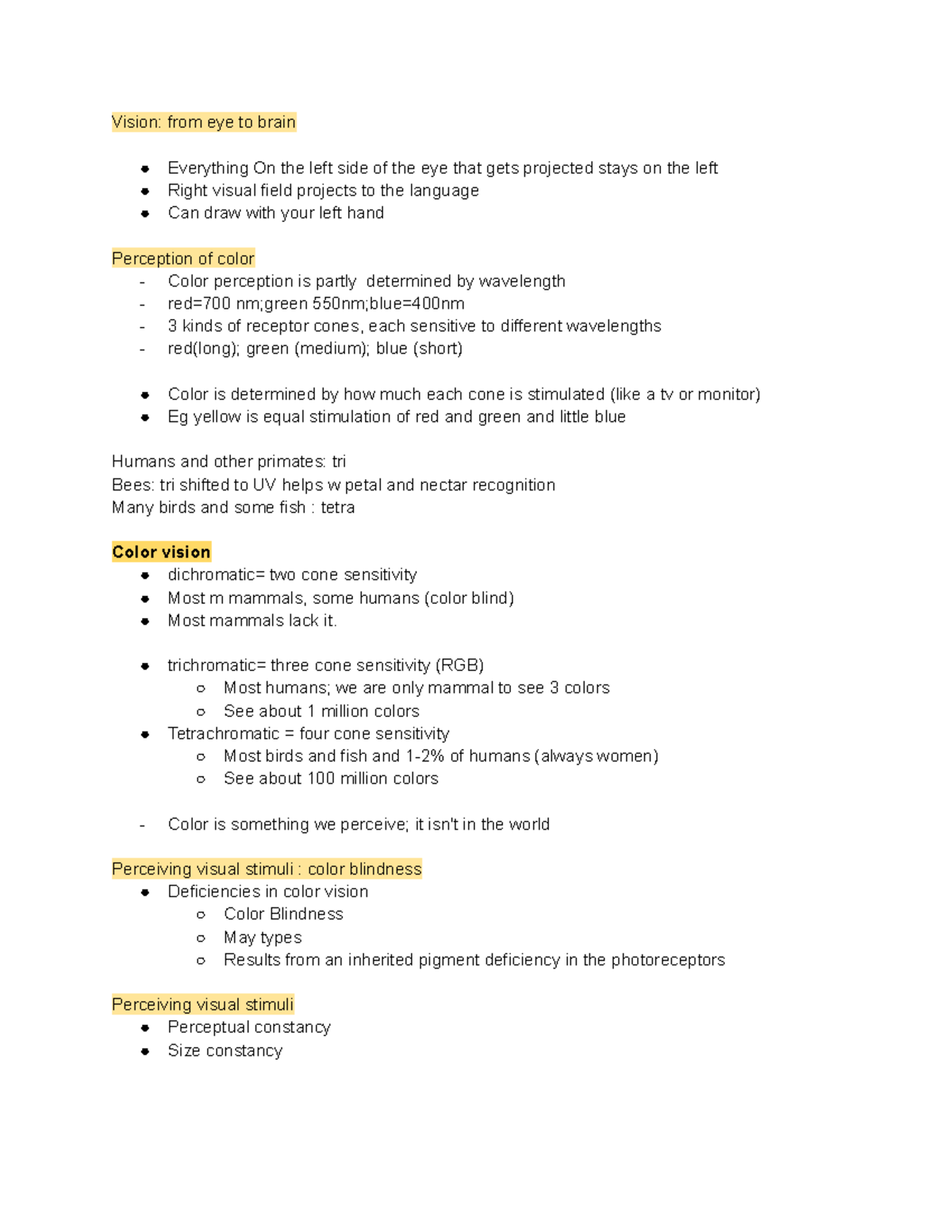 Psych nnotes - notes - Vision: from eye to brain Everything On the left ...