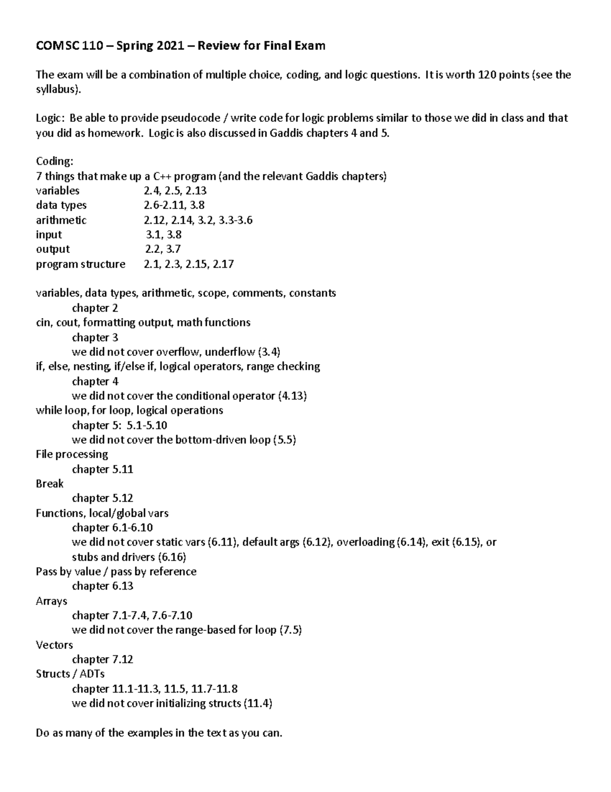 Final exam review - COMSC 110 of DVC - COMSC 110 – Spring 2021 – Review ...