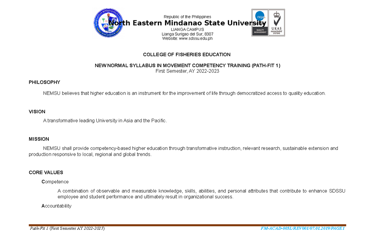 Syllabus BSFI PATH FIT 1 - North Eastern Mindanao State University ...