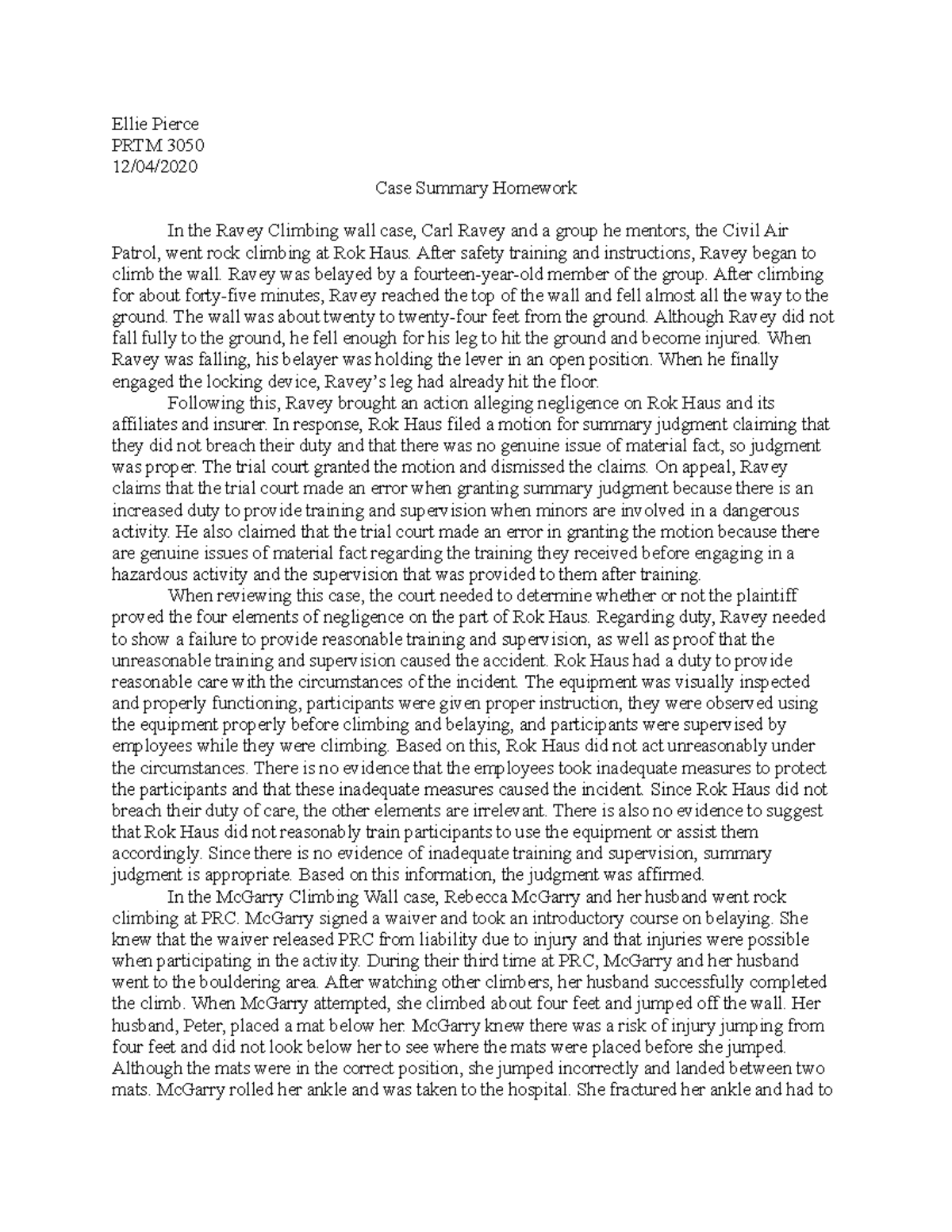 Climbing Wall Case Summary Homework - Ellie Pierce PRTM 3050 12/04 ...