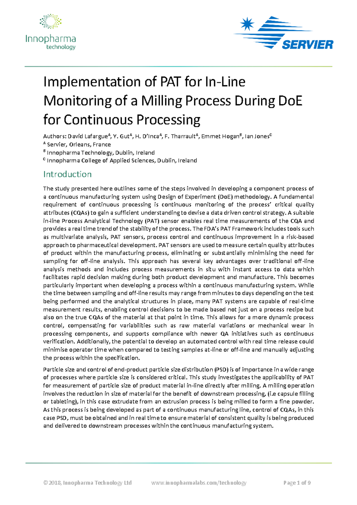 Implementation of pat for in line monitoring of a milling process ...
