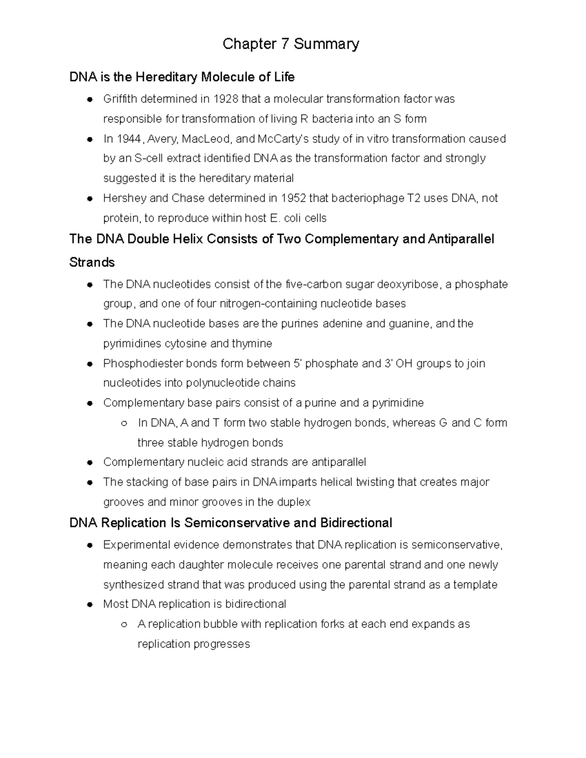 Chapter 7 Summary - Chapter 7 Summary DNA is the Hereditary Molecule of ...
