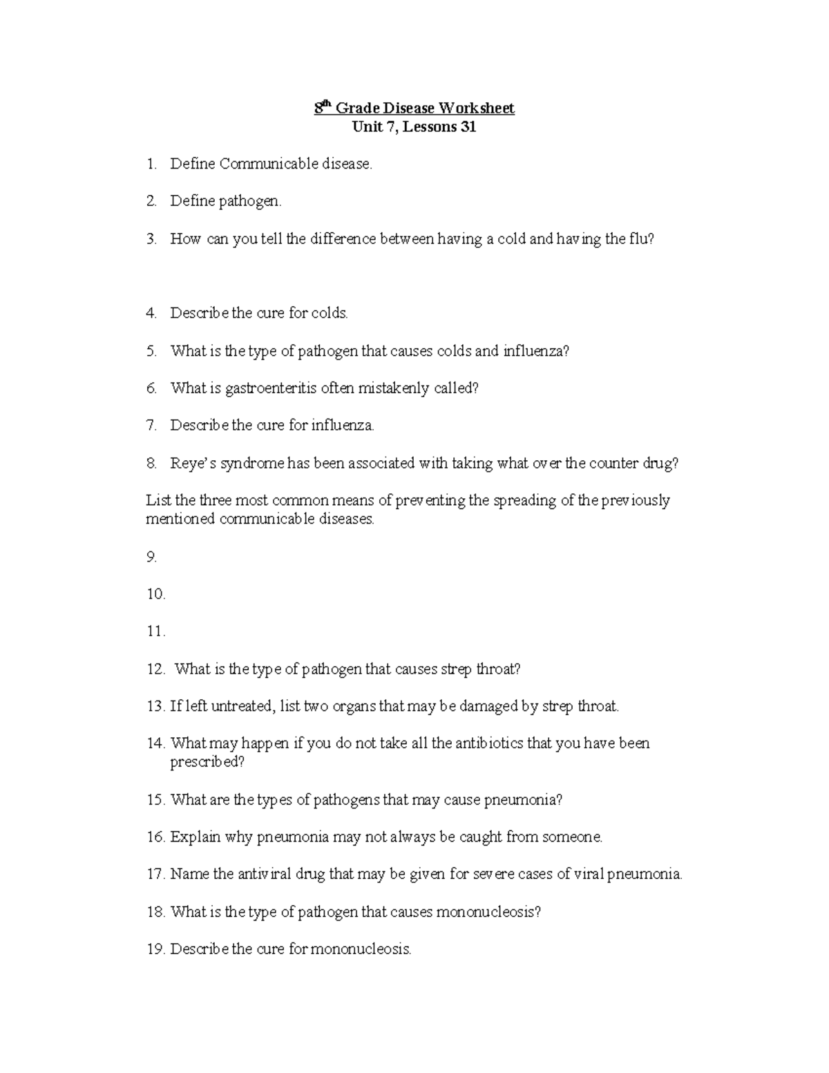 Worksheet - 8th Grade Disease - 8 th Grade Disease Worksheet Unit 7 ...