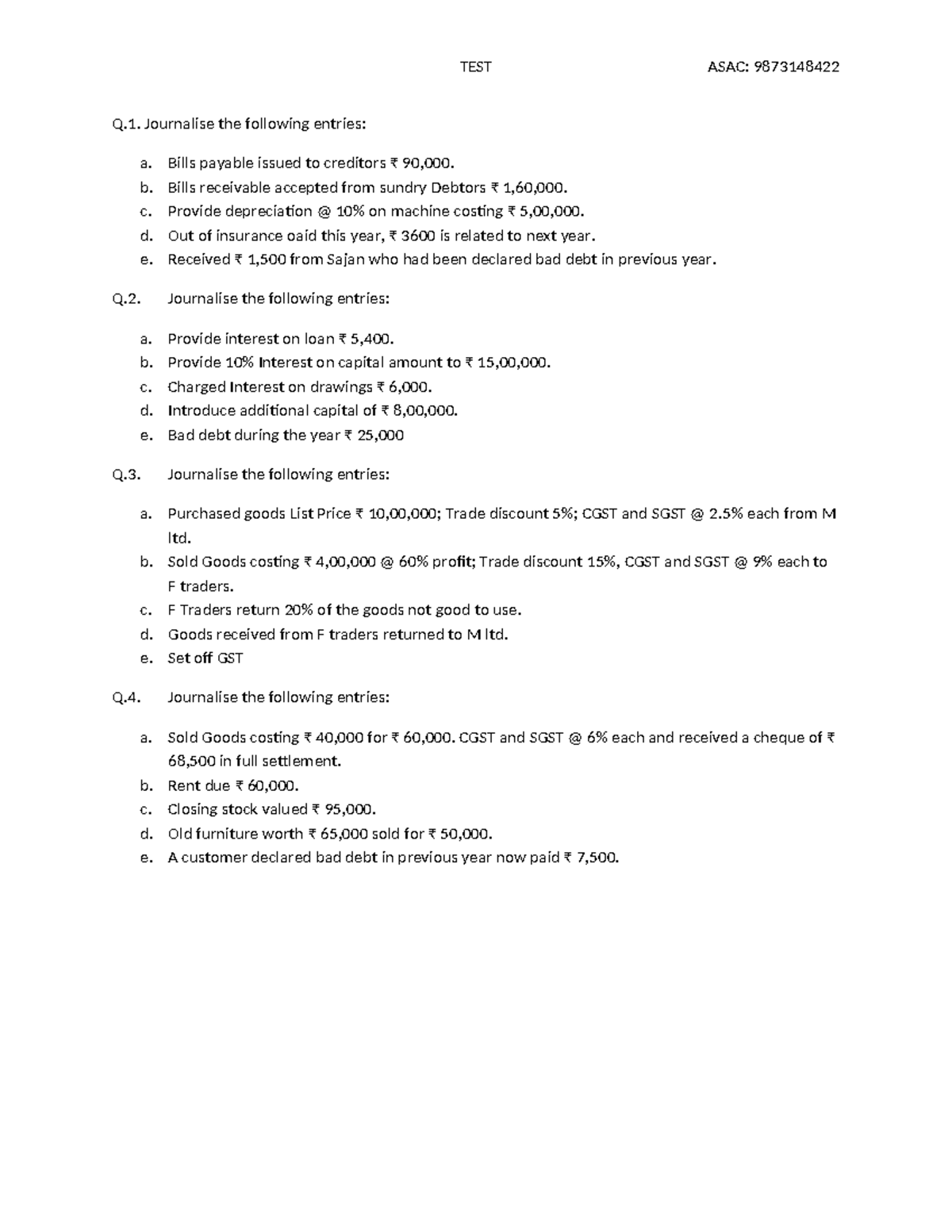 10. Journal Test 23-5 - TEST ASAC: 9873148422 Q. Journalise the ...