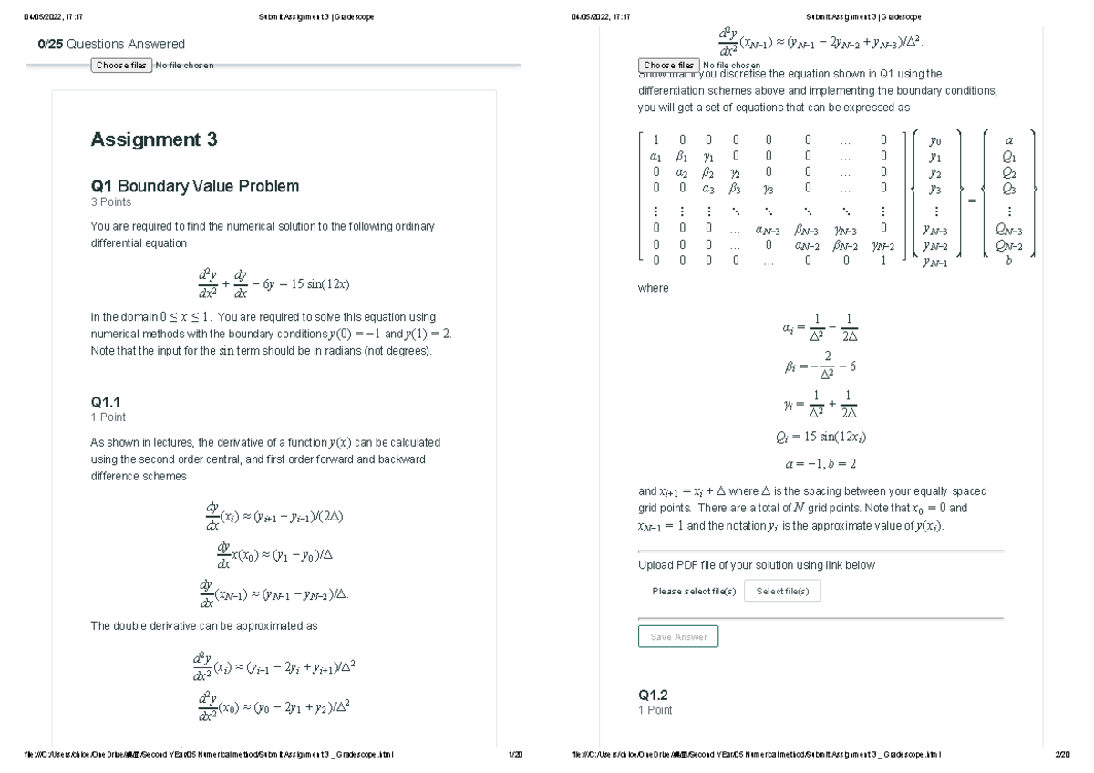 Submit Assignment 3 Gradescope - 0/25 Questions Answered Assignment 3 Q1 3 PointsBoundary Value ...