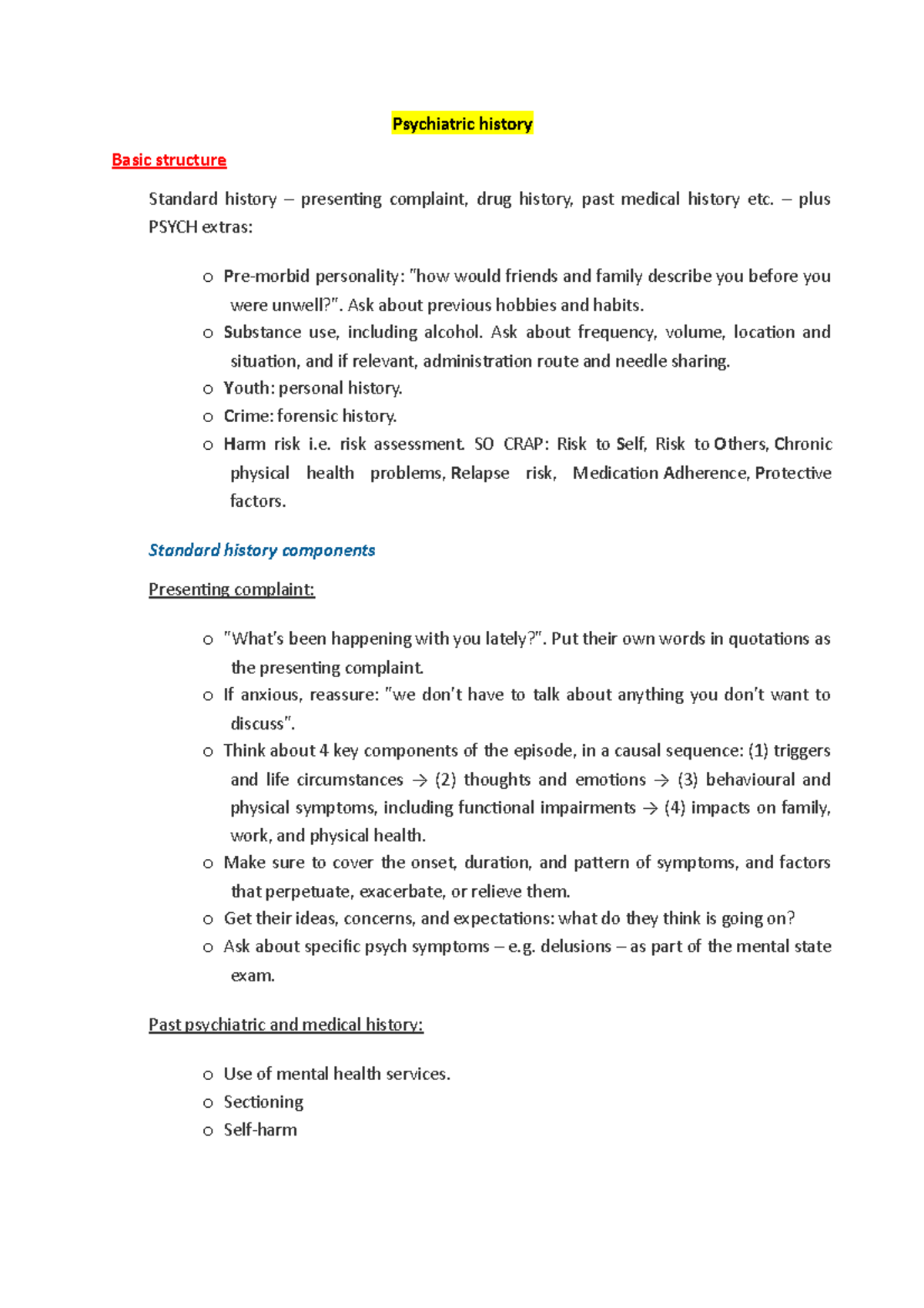 Psychiatric history - Lecture notes 1 - Psychiatric history Basic ...