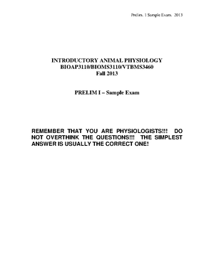 Prelim 1 version 1 Key - INTRODUCTORY ANIMAL PHYSIOLOGY BIOAP3110 ...