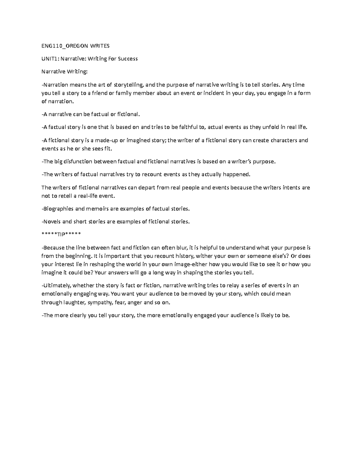 ENG110 Narrative Writing FOR Success - ENG110_OREGON WRITES UNIT1 ...
