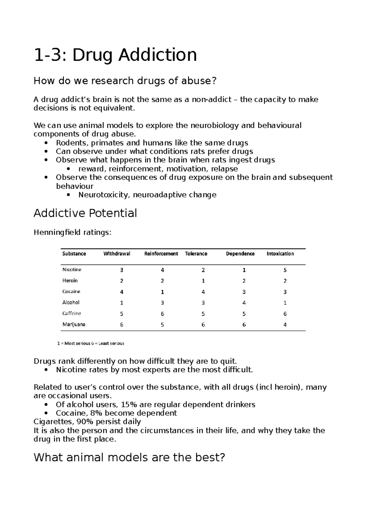 PSYC3051 Course notes - 1-3: Drug Addiction How do we research drugs of ...