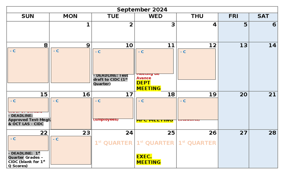 2024-2025 Calendar AND Activities - September 2024 SUN MON TUE WED THU ...