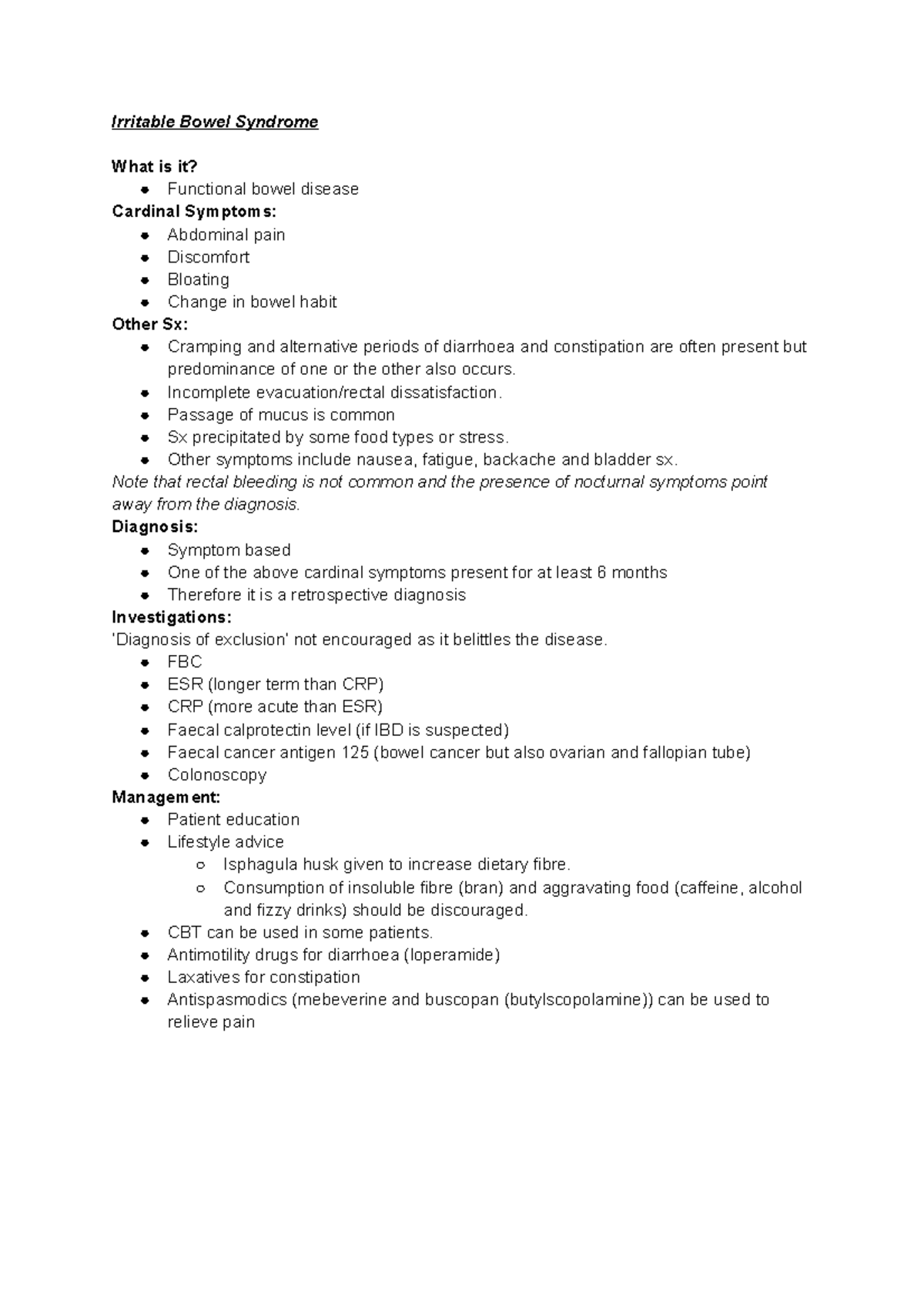 IBS - Lecture notes Year 4 Digestive - Irritable Bowel Syndrome What is ...