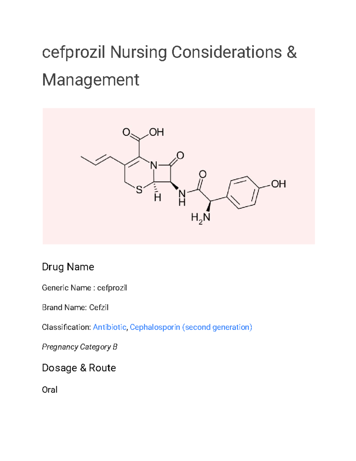 Untitled document - lecture notes - cefprozil Nursing Considerations ...