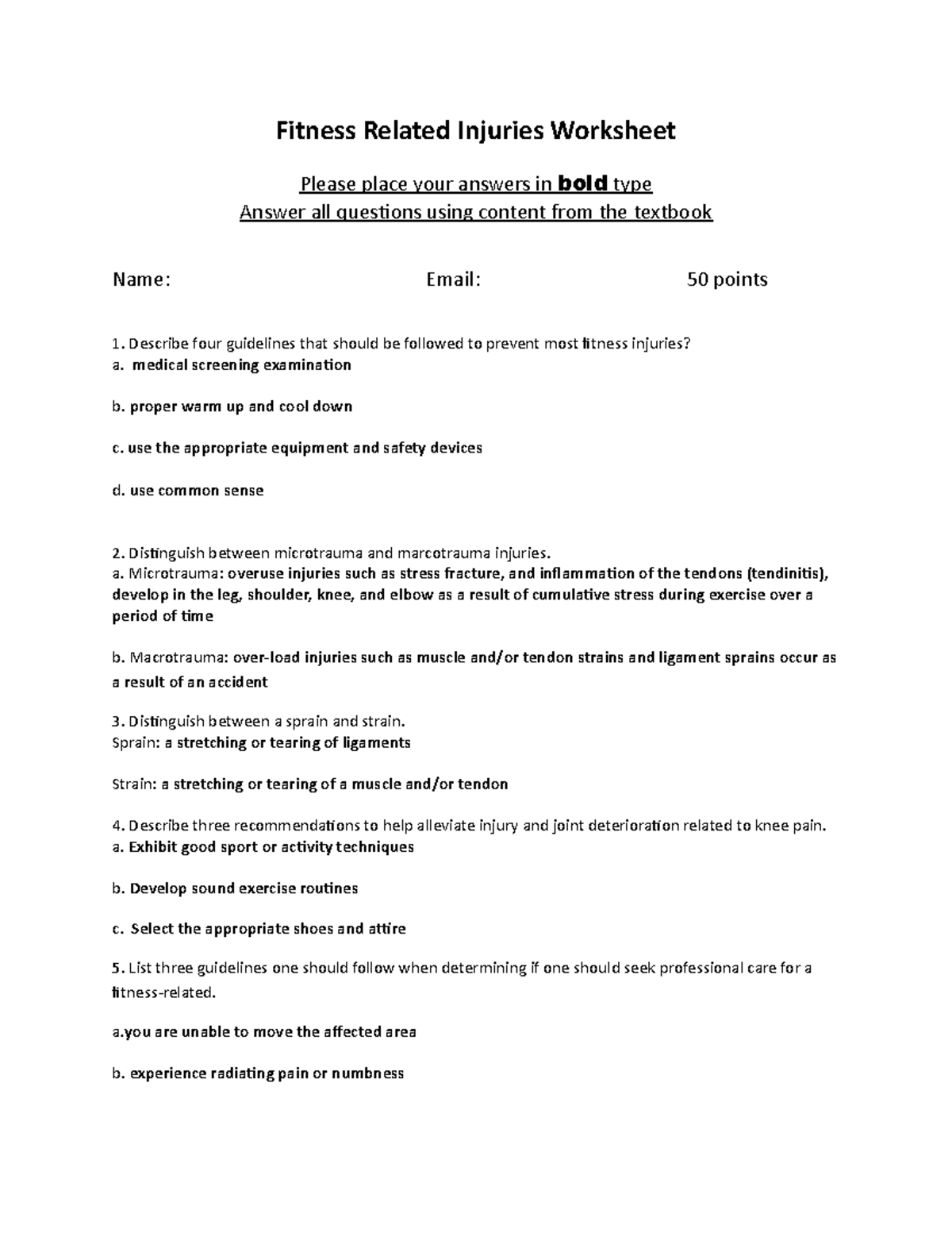 Fitness Related Injuries Worksheet OL copy copy - Fitness Related ...