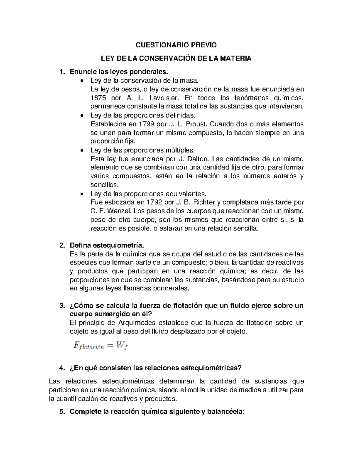 Cuestionario Previo LEY DE LA Conservación DE LA Materia - CUESTIONARIO PREVIO LEY DE LA - Studocu