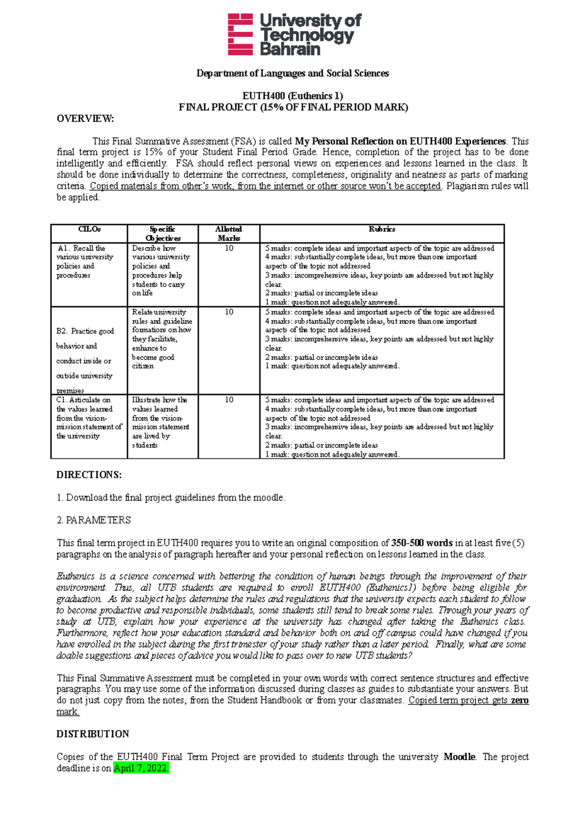 Euthenics in-course project - Psychology 101 - Studocu