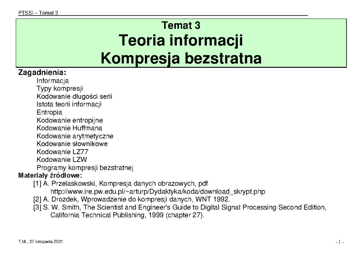 Ptssi 03 bezstratna Z - PO Podstawy teorii sygnałów, systemów i informacji 4 - T., 27 listopada ...