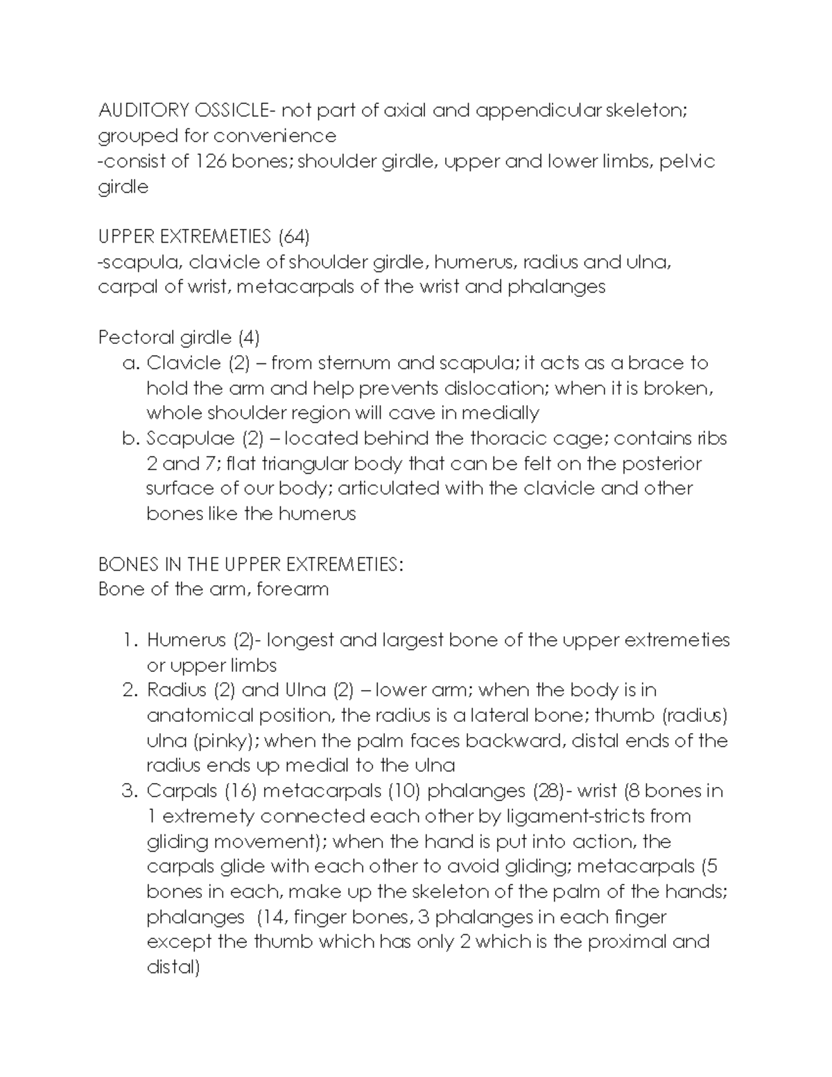 Appendicular Skeleton Notes - AUDITORY OSSICLE- not part of axial and ...