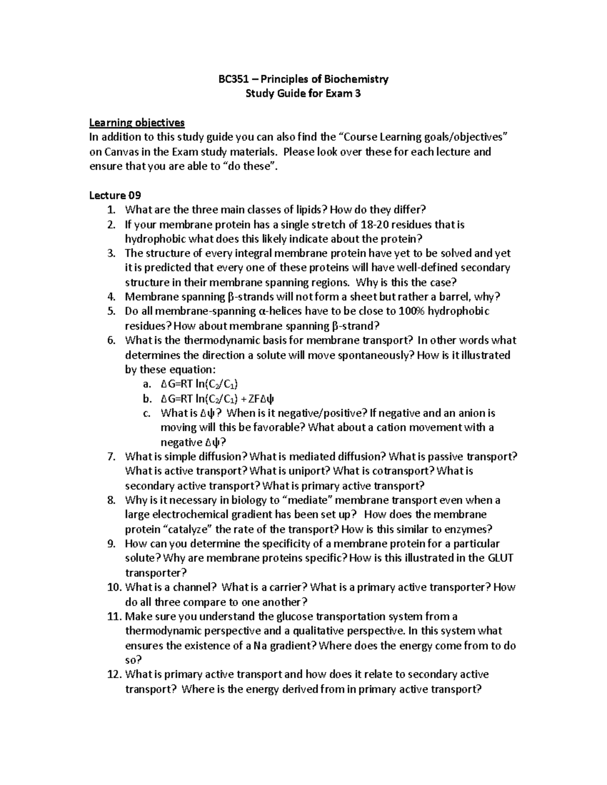 SG03 - exam 3 study guide - BC351 – Principles of Biochemistry Study ...