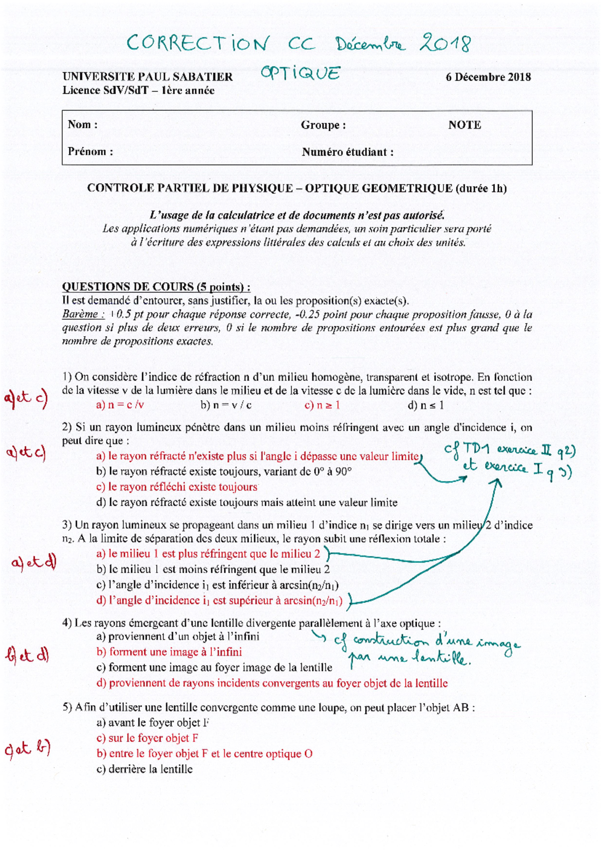 Correction CC Optique dec2018 - Physique - Studocu