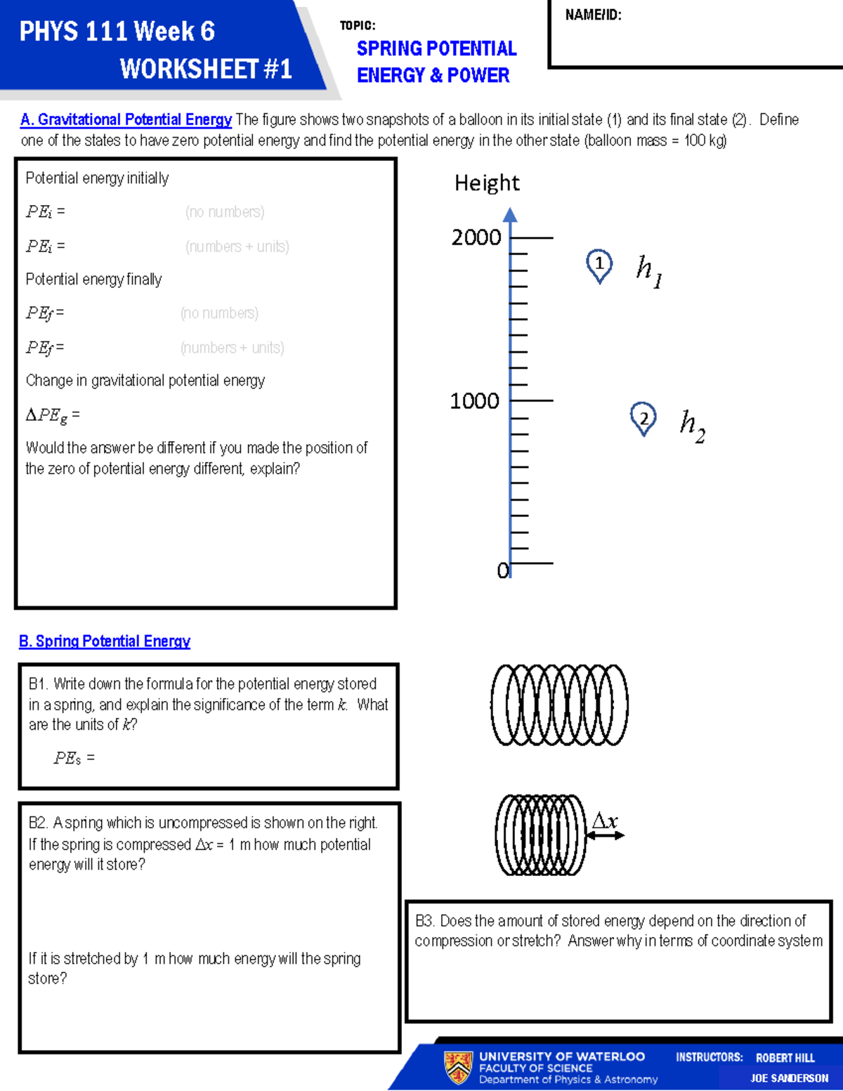 PHYS111 Week6-Worksheet 01 - SPRING POTENTIAL ENERGY & POWER PHYS 111 ...